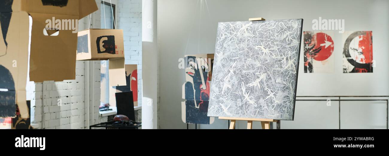 Long exposure of square artwork painted with grey and white colors in ...