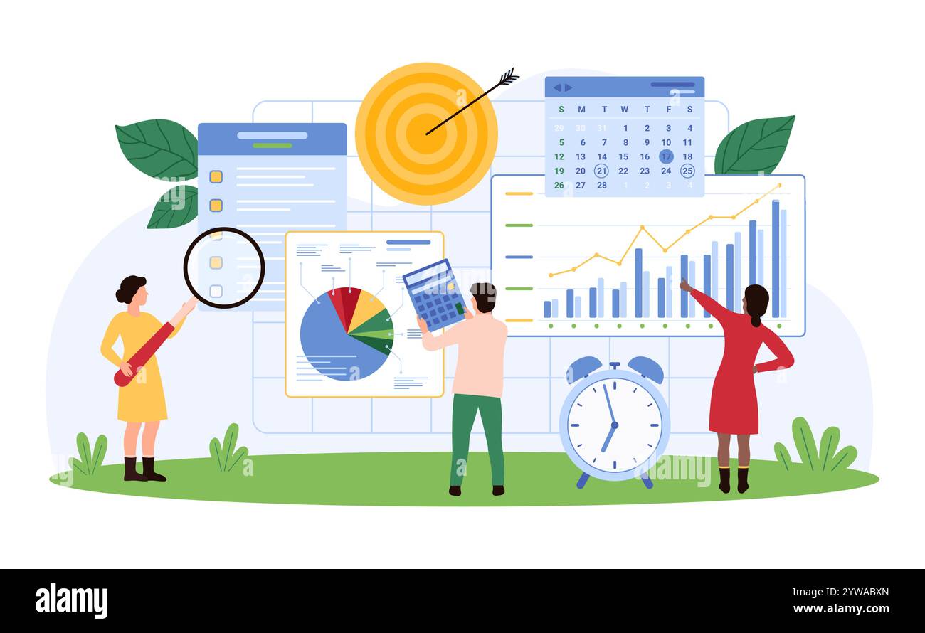 Team analyzes data with large charts, a calendar, and a target. Scene ...