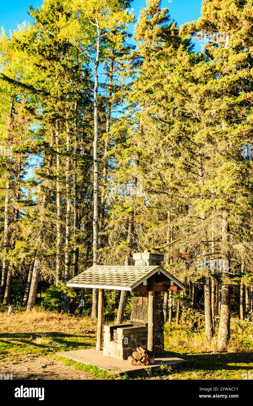 A small wooden structure with a chimney sits in a wooded area. The ...