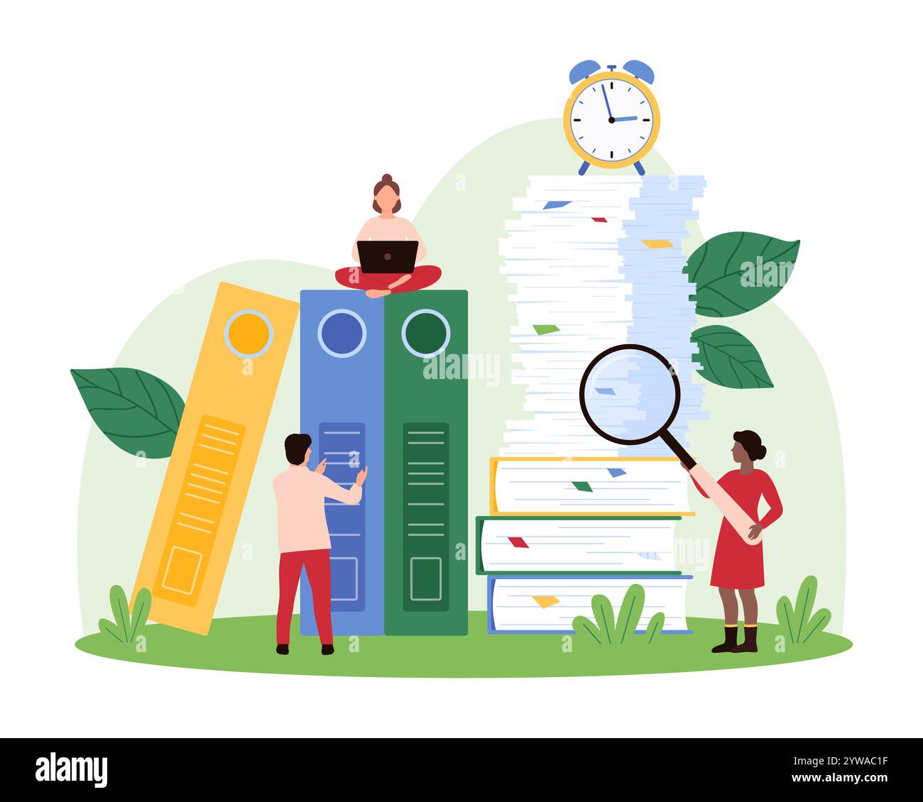 Team organizes documents and reports, using large binders and a magnifying glass. Scene includes ...