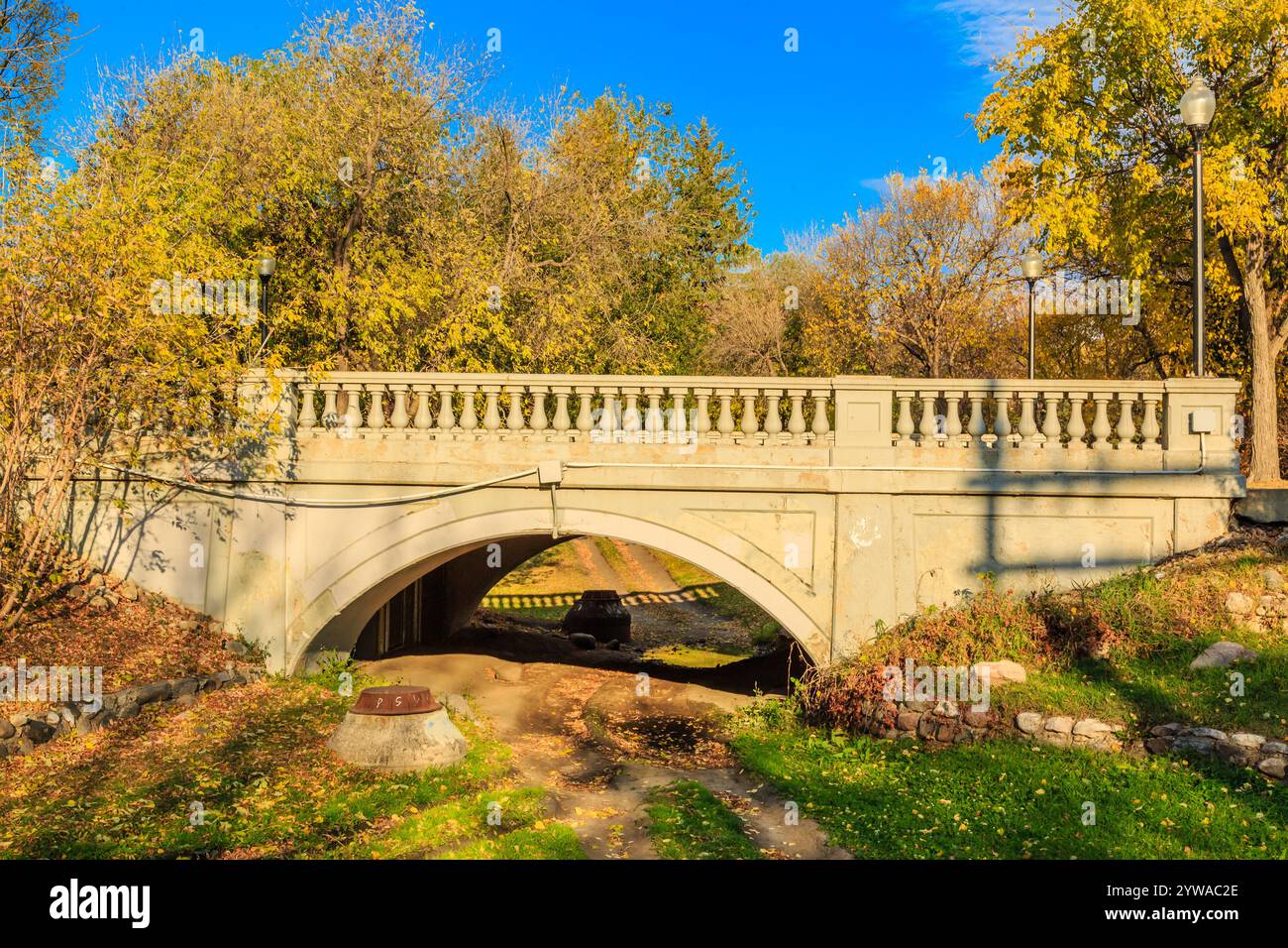 A bridge with a lot of trees and leaves on it. The bridge is old and ...