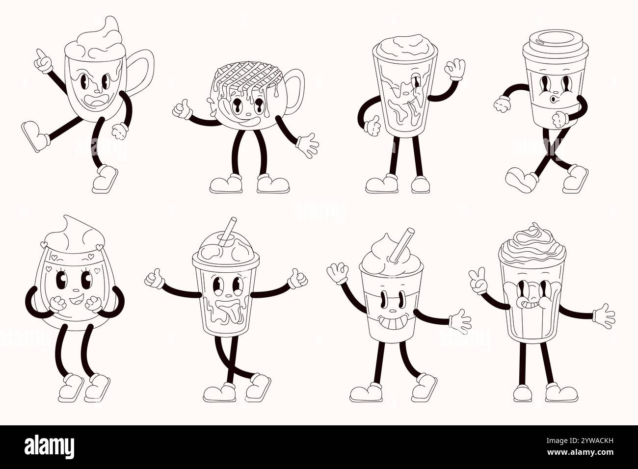 Set of groovy drink character in line art style. Perfect for cartoon ...