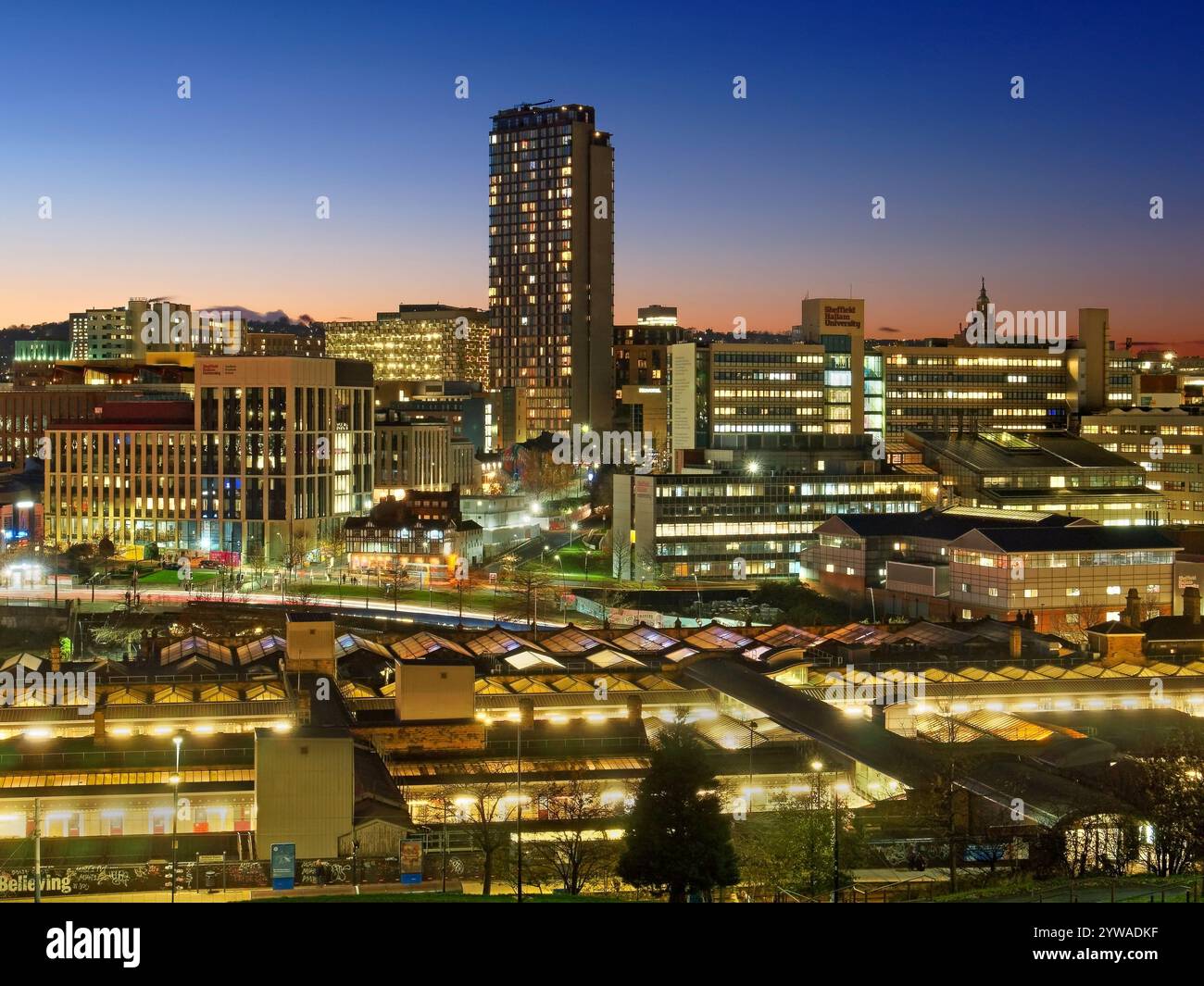 UK, South Yorkshire, Sheffield Skyline at Night from South Street Stock ...