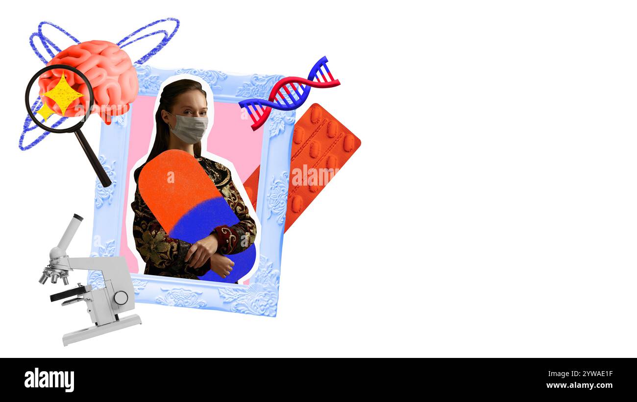 Woman in historical clothing holding giant pill, surrounded by medical ...