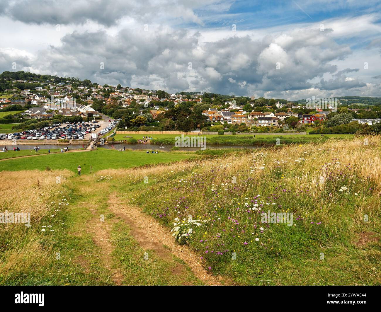 UK, Dorset, Charmouth, View of Village and River Char from South West ...
