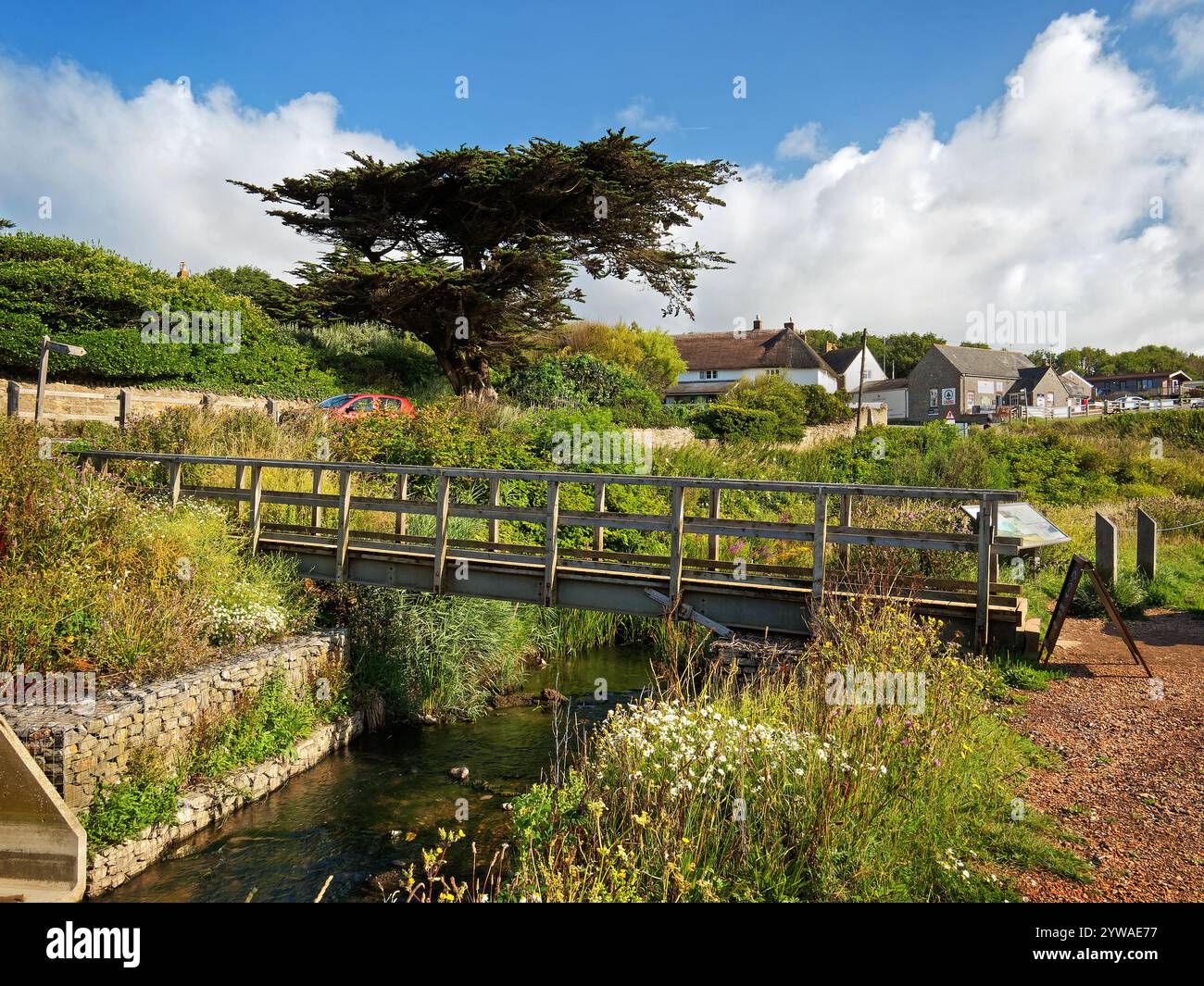 UK, Dorset, Seatown Seafront, Footbridge over River Winniford Stock ...