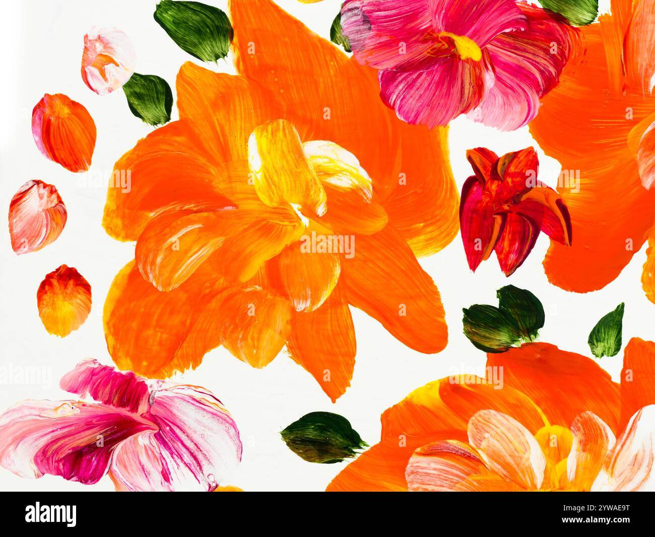 Abstract orange and red flowers, original hand drawn, impressionism ...