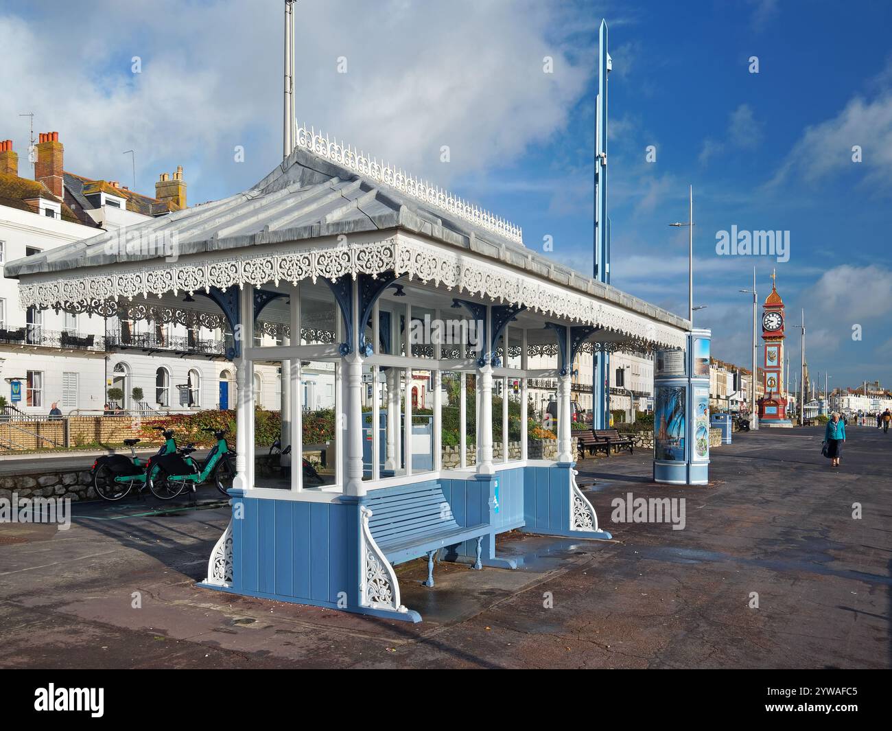 UK, Dorset, Weymouth, Jubilee Clock Tower and Esplanade Shelter Stock ...