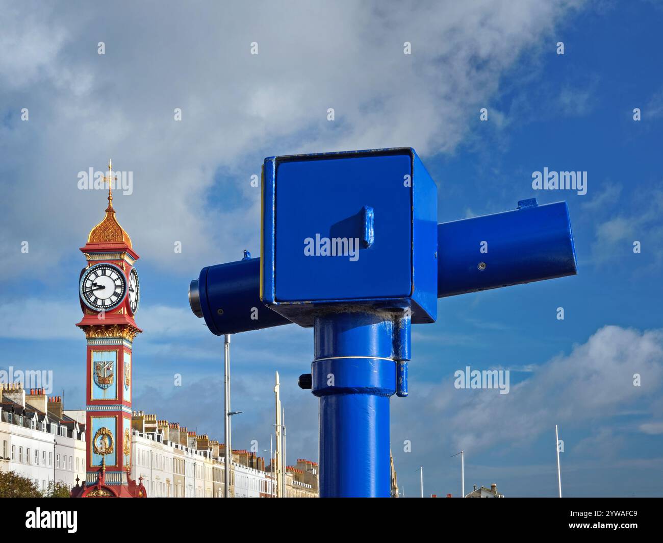 UK, Dorset, Weymouth, Jubilee Clock Tower and Esplanade Telescope Stock ...