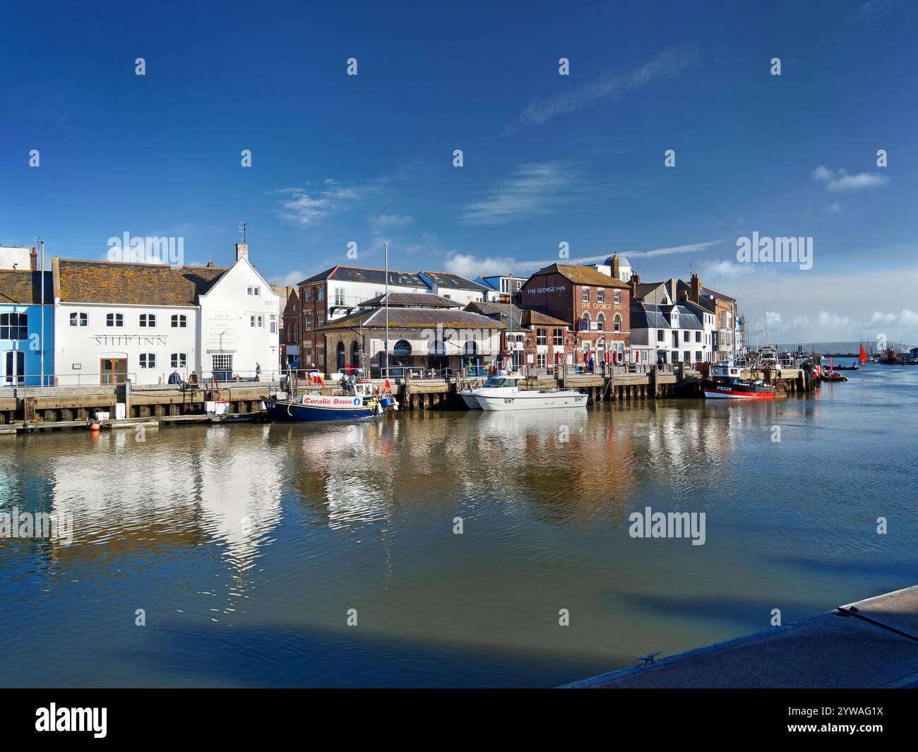 UK, Dorset, Weymouth, Harbour and Custom House Quay from Trinity Road ...