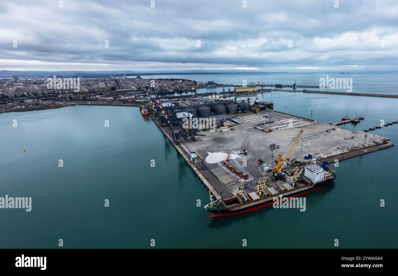 Aerial view of a cargo ship and containers on port of Burgas, Bulgaria ...