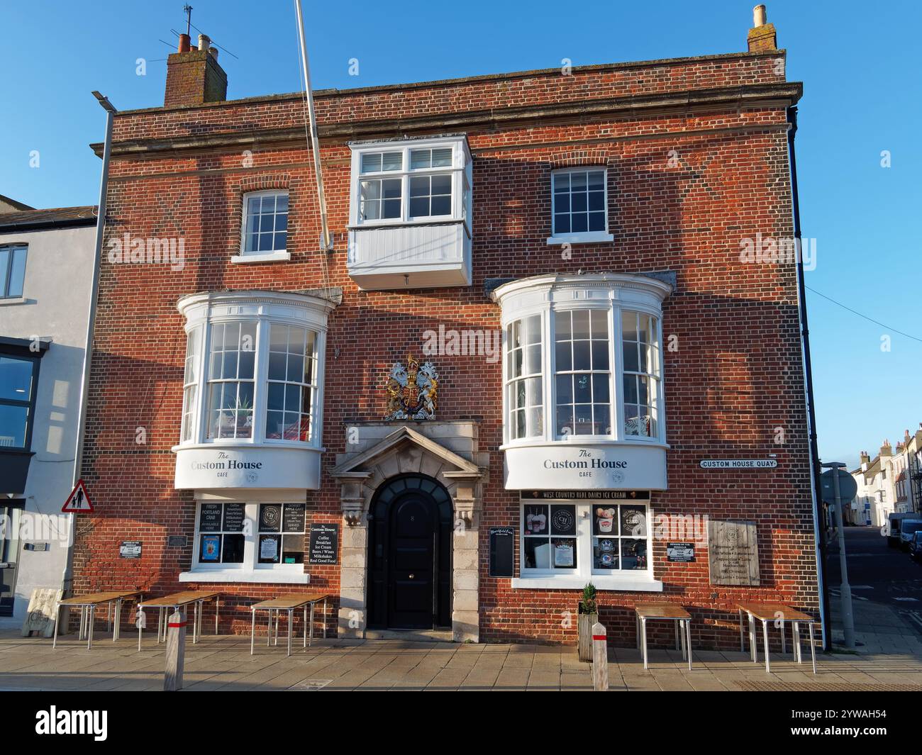 UK, Dorset, Weymouth, Custom House Cafe on Custom House Quay Stock ...