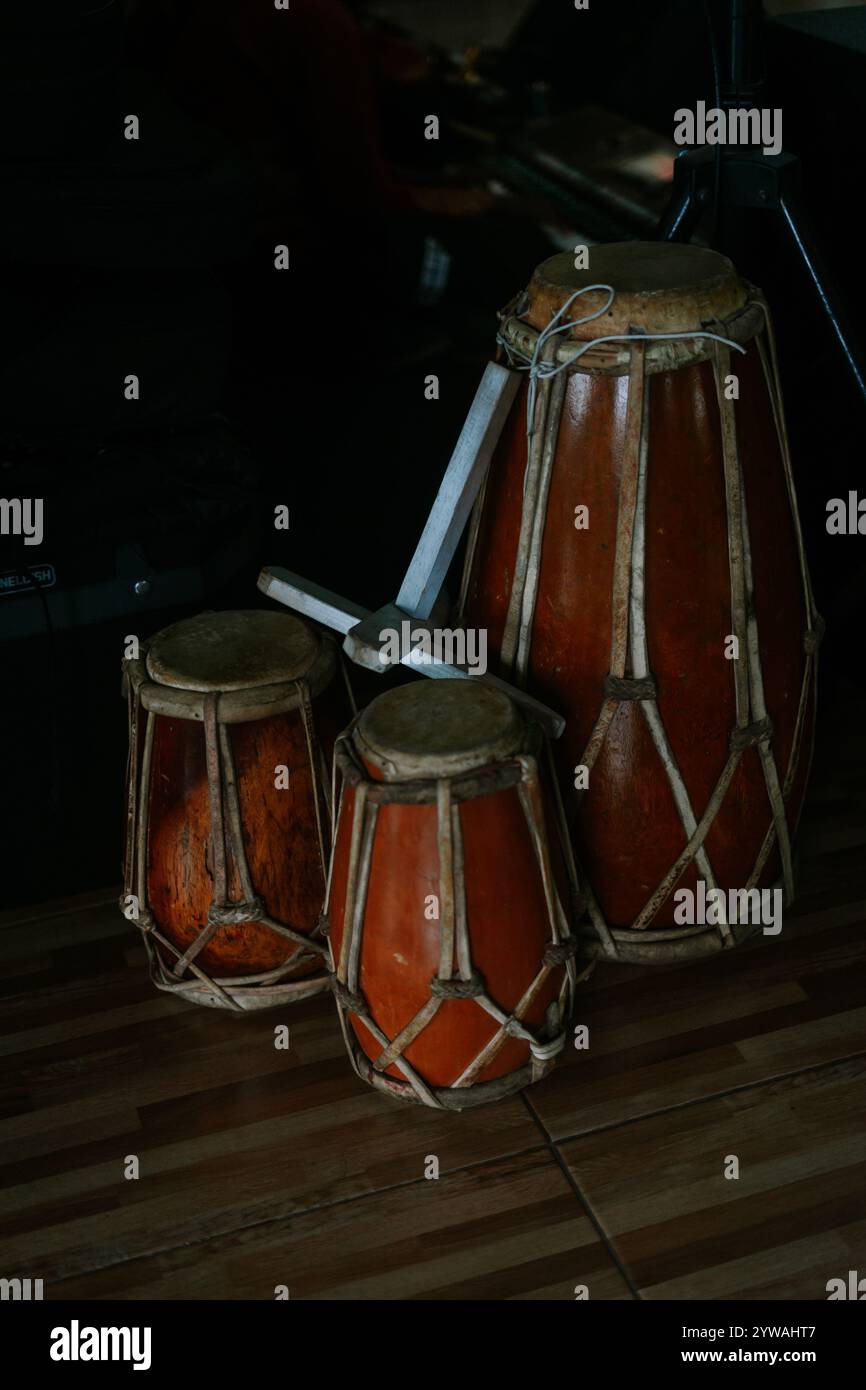 A traditional kendang drum with intricate carvings and natural ...