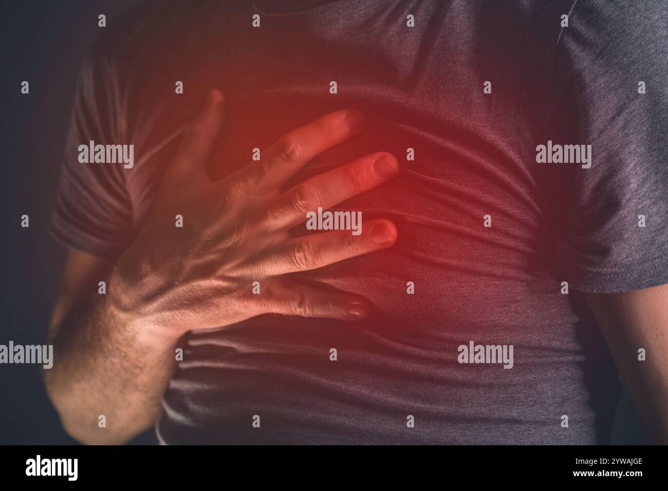 Chest burn concept, cardiovascular disease an pain in chest area ...