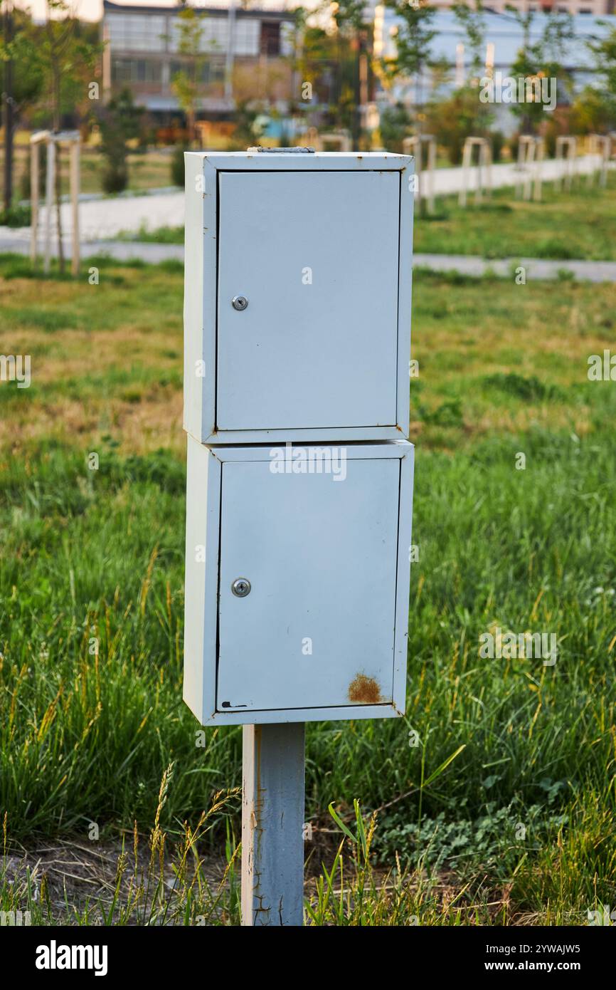 Two small metal box electrical enclosure, distribution cabinet on pole ...