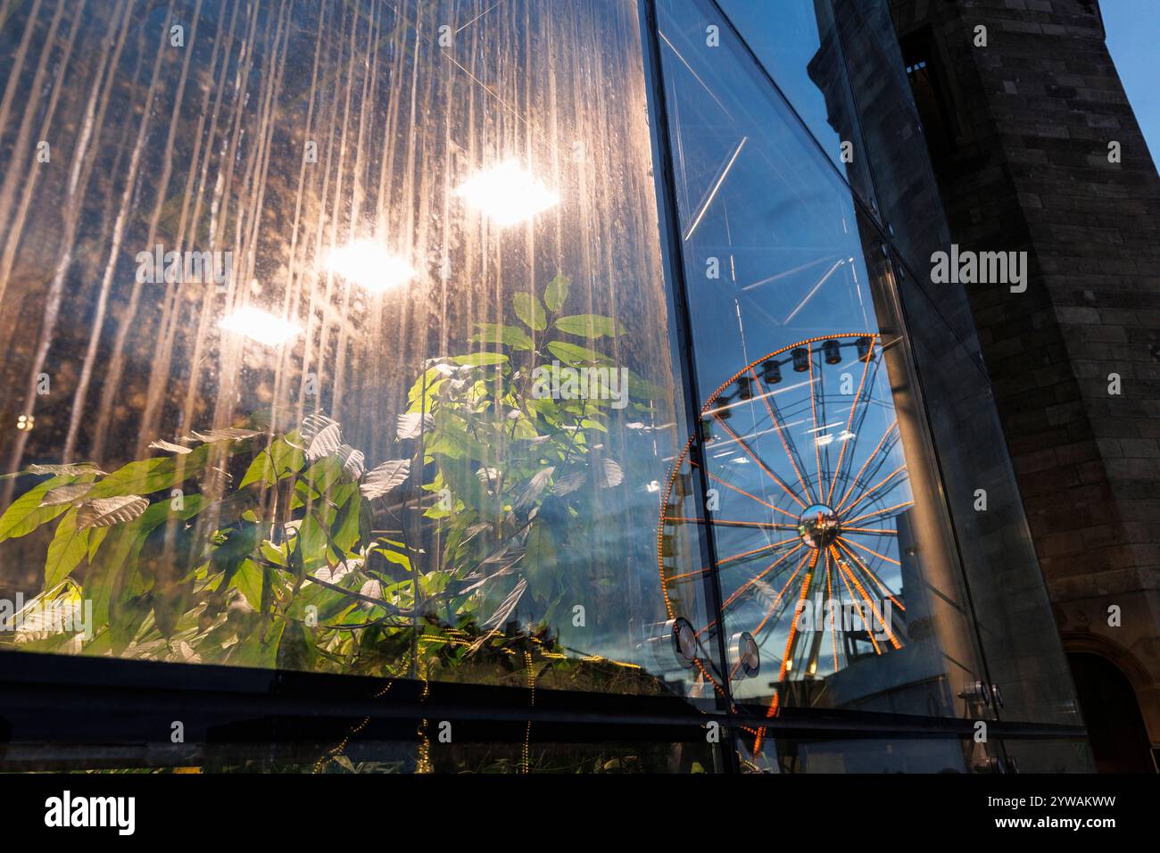 the ferris wheel in Rheinau harbour is reflected in the window of the ...