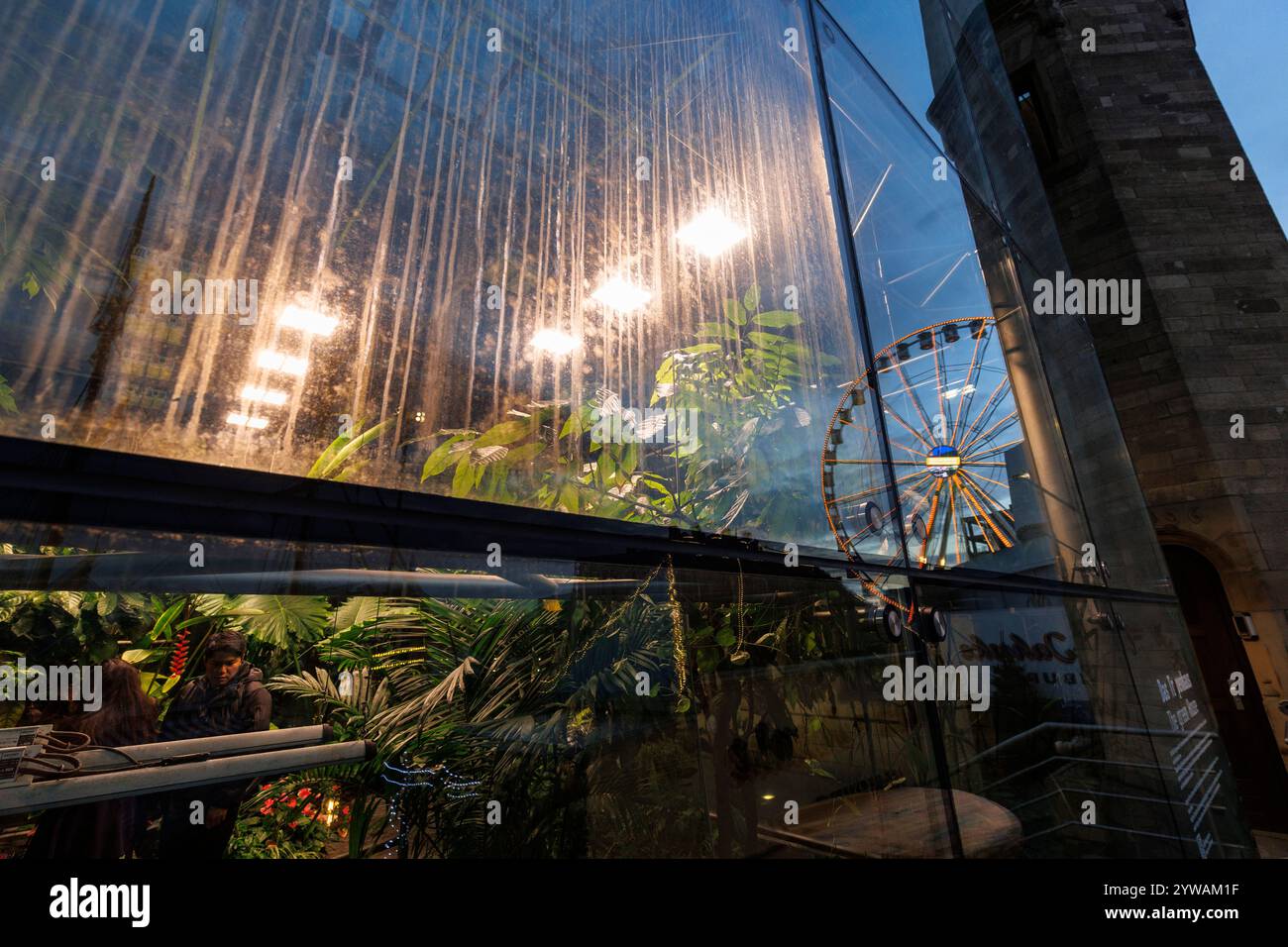 the ferris wheel in Rheinau harbour is reflected in the window of the ...