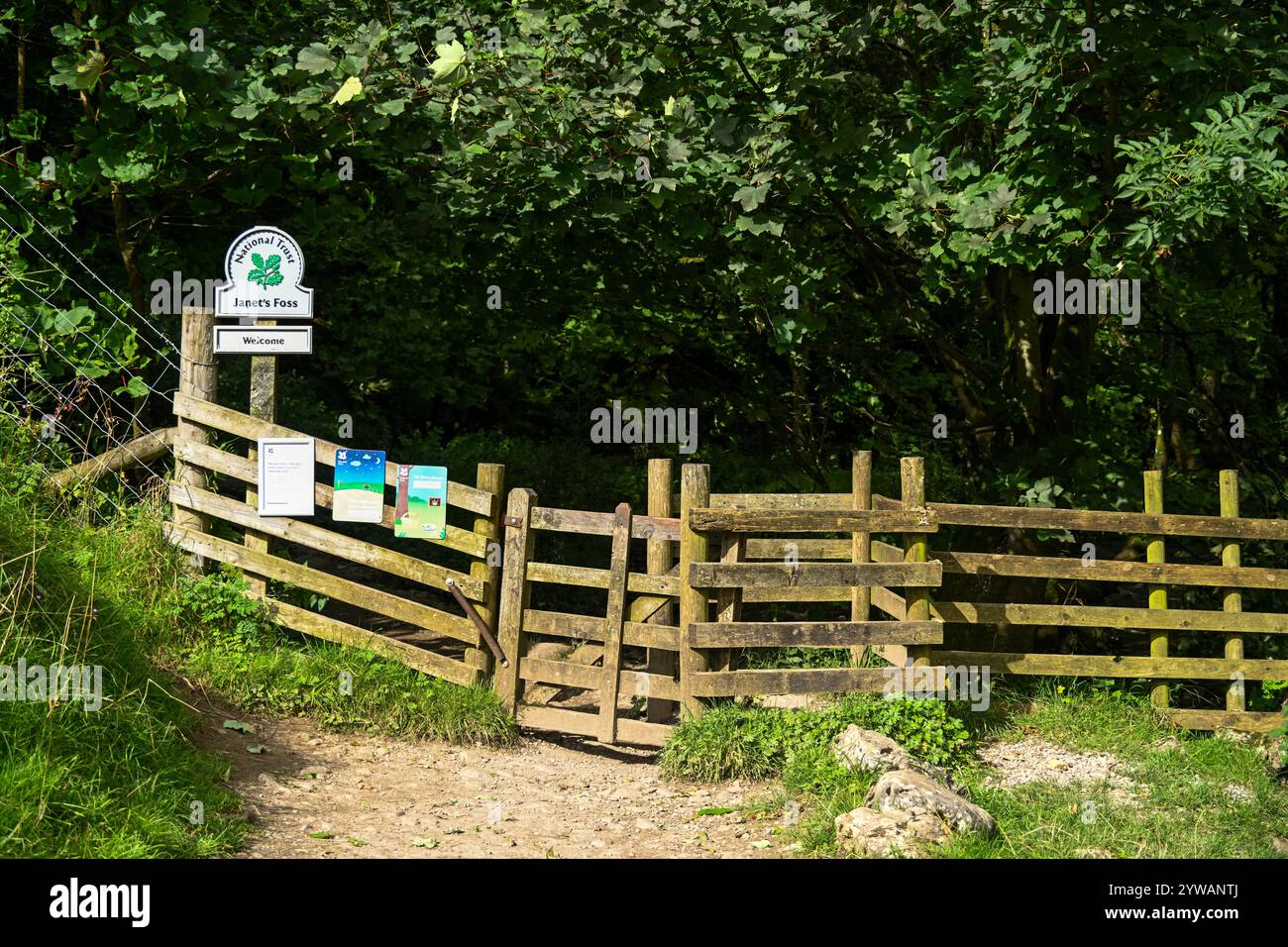 The footpath entrance to the waterfall called Janet's Foss along the ...