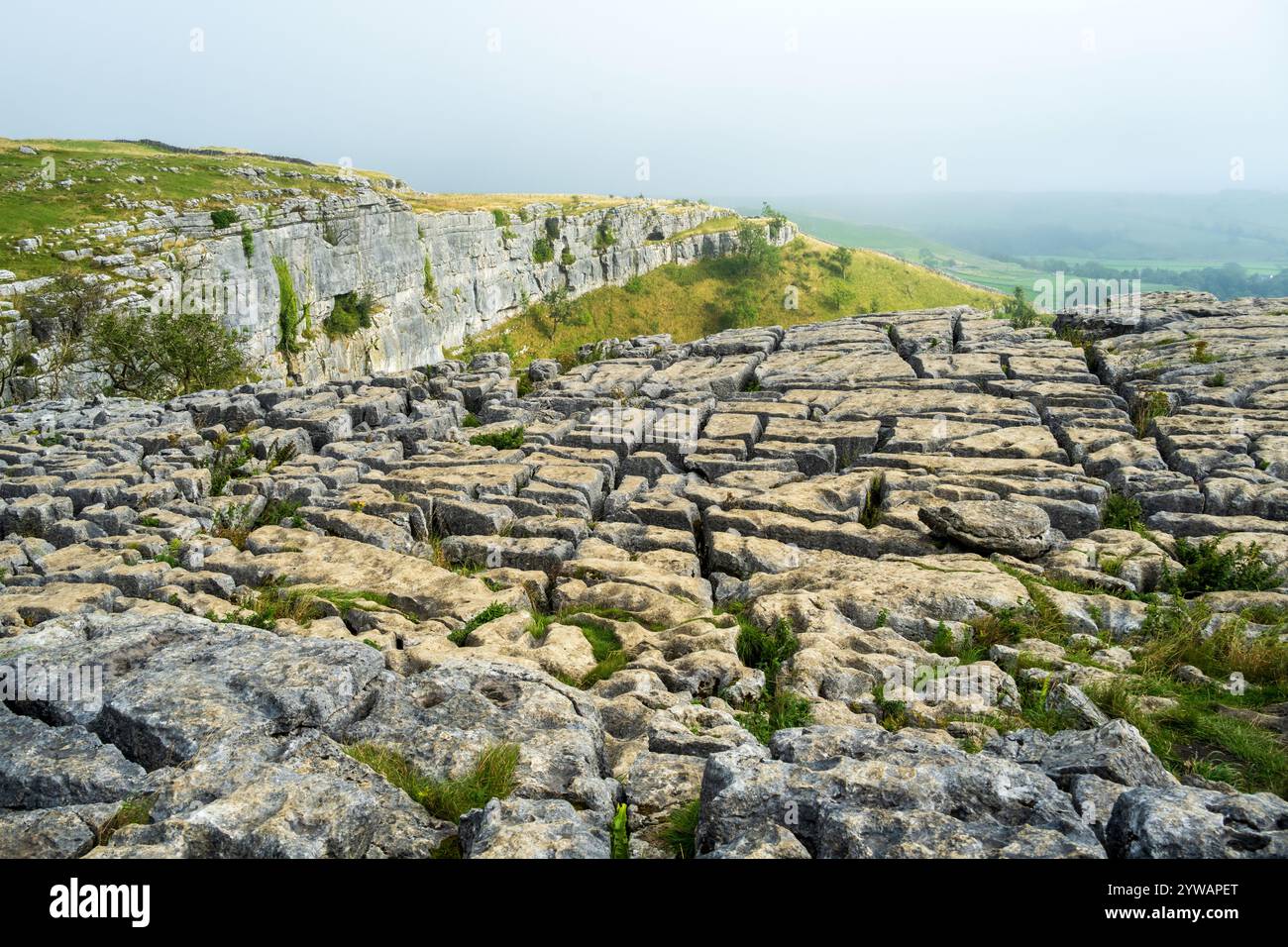 Yorkshire mist at the top of Malham Cove a large curved limestone ...