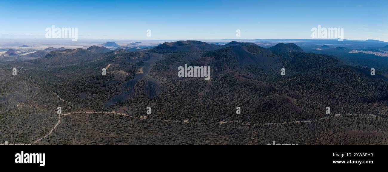 Aerial panoramic photograph of cindoer cones near Sunset Crater Volcano ...