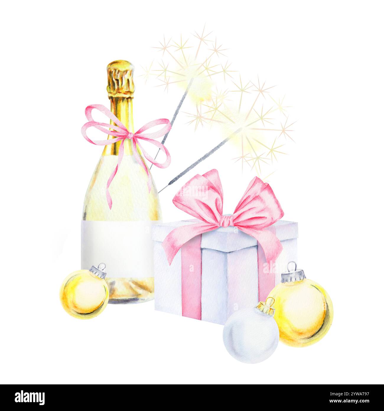 A festive hand draw watercolor illustration featuring a champagne ...