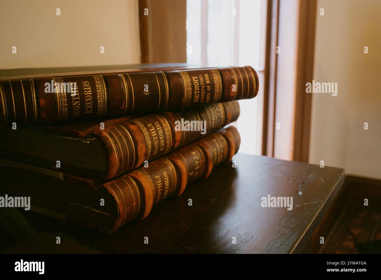 Leather-bound vintage monthly observation record books at the Judy and ...