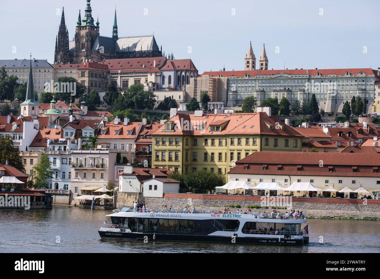 Tourist Boat on the Vltava (Moldau) River, Prague Castle and St. Vitus ...
