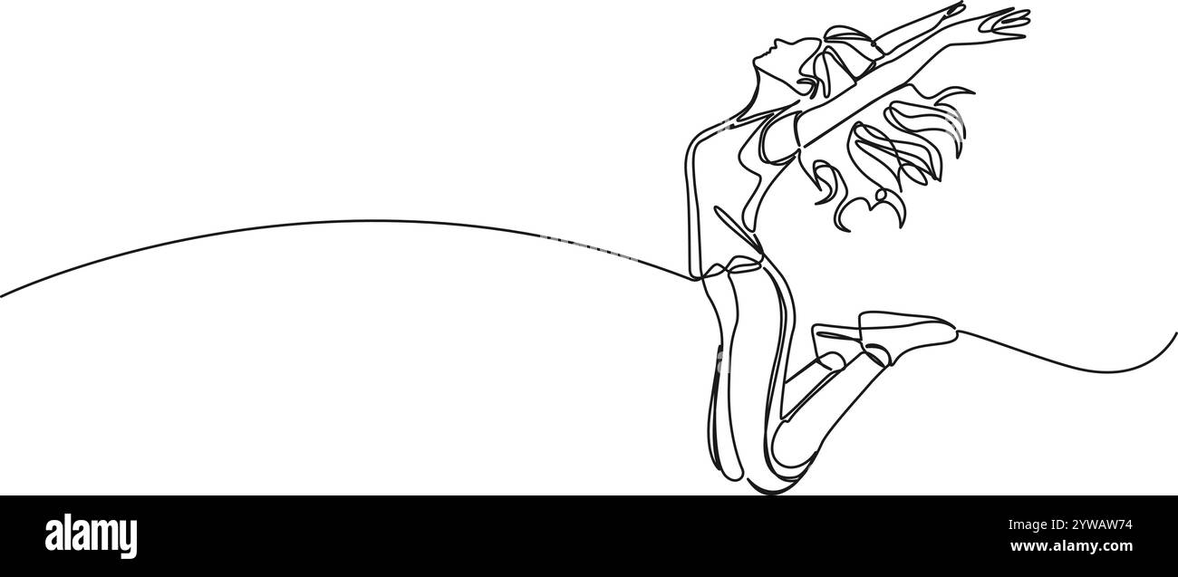 continuous line drawing of woman jumping up in joy, line art vector ...