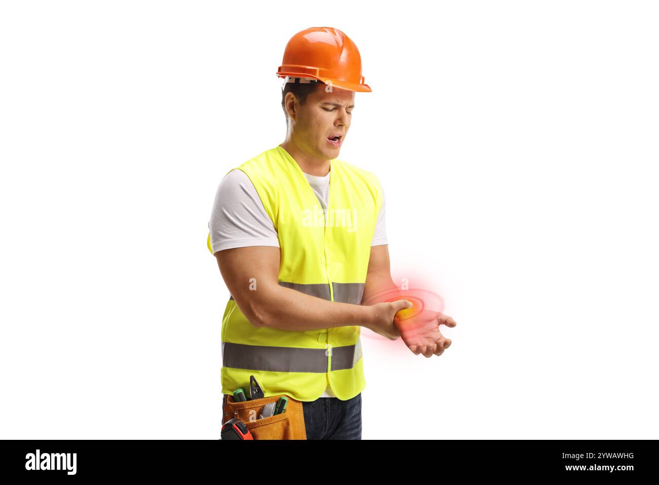 Construction worker with hand injury isolated on white background Stock ...
