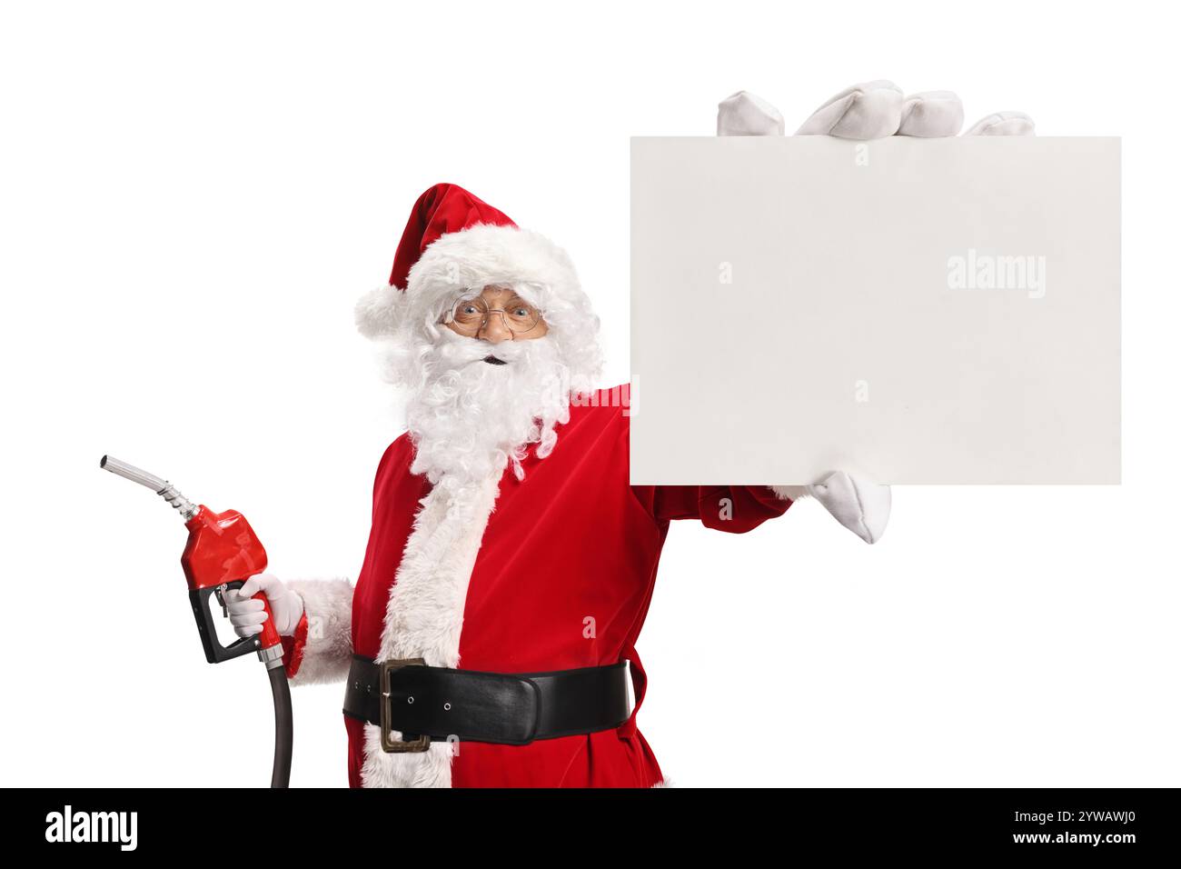 Santa Claus holding a fuel injection gun and a blank card isolated on ...