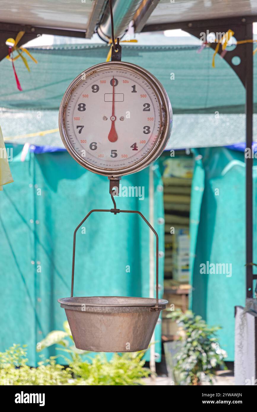 Mechanical Analogue Hanging Scales With Pan at Farmers Market Stall ...
