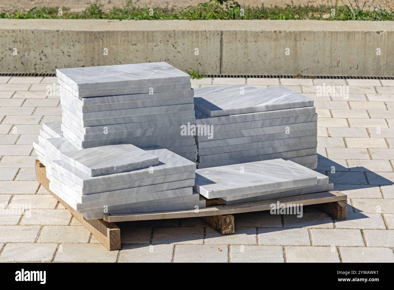 Stacked White Marble Tiles at Pallet Construction Site Stock Photo - Alamy