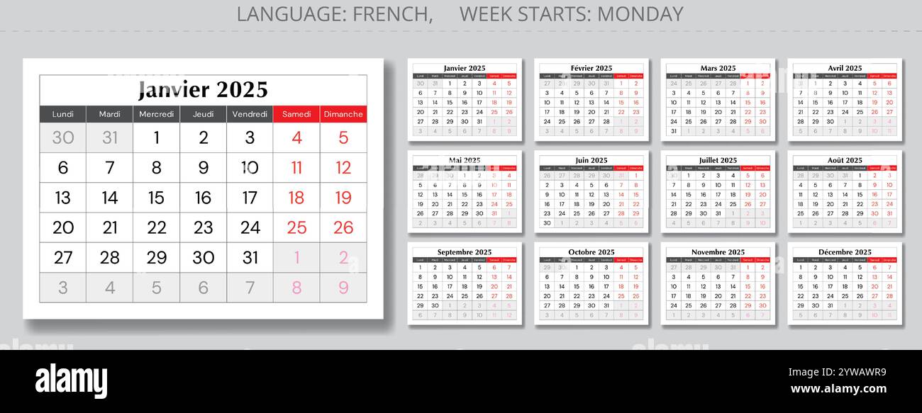 2025 year french calendar with pages of months. Vector paper page ...