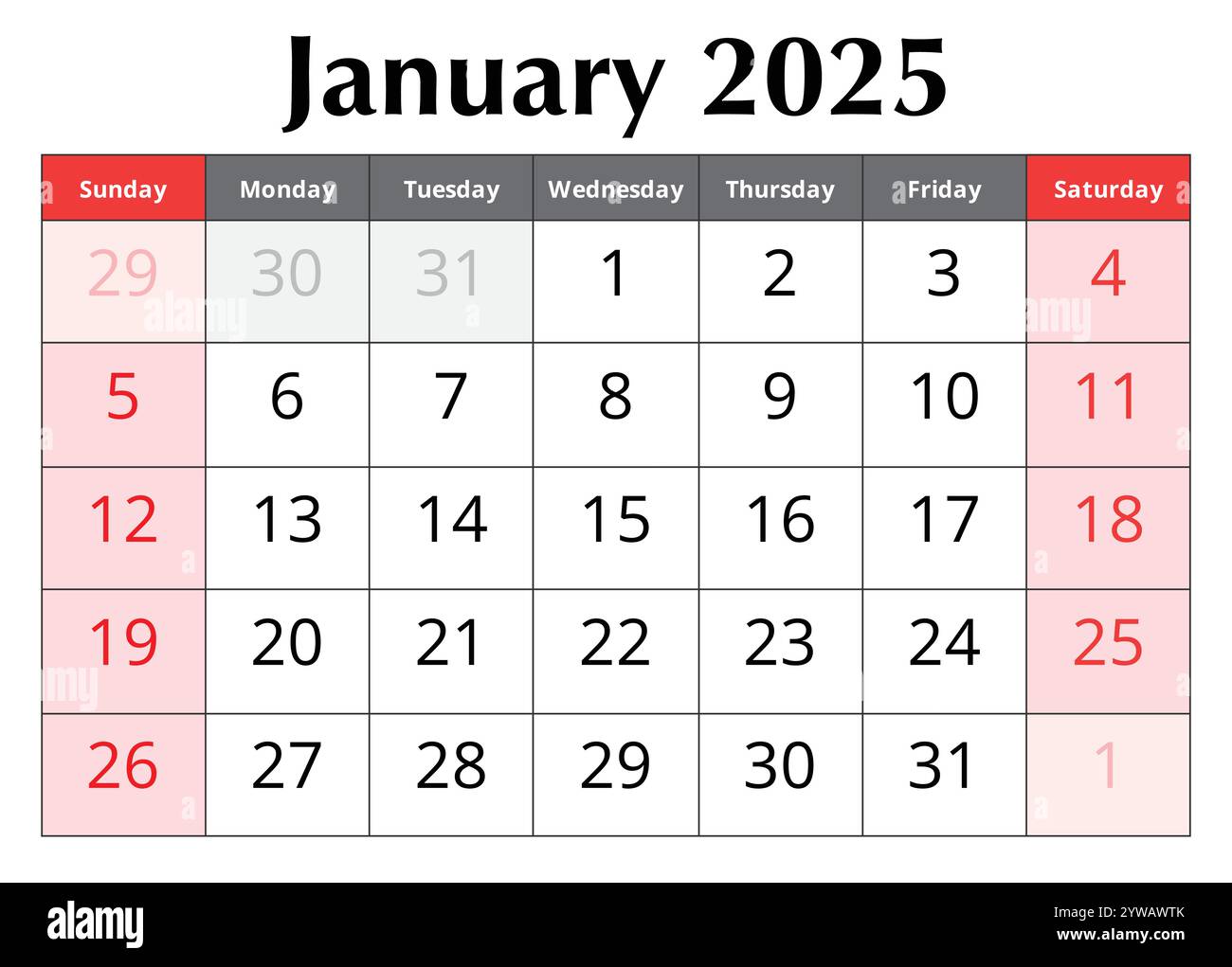 Calendar for January 2025. Design vector illustration. English page of ...
