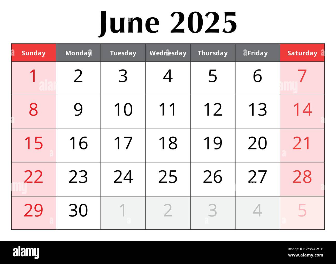 Calendar for June 2025. Design vector illustration. English page of the ...