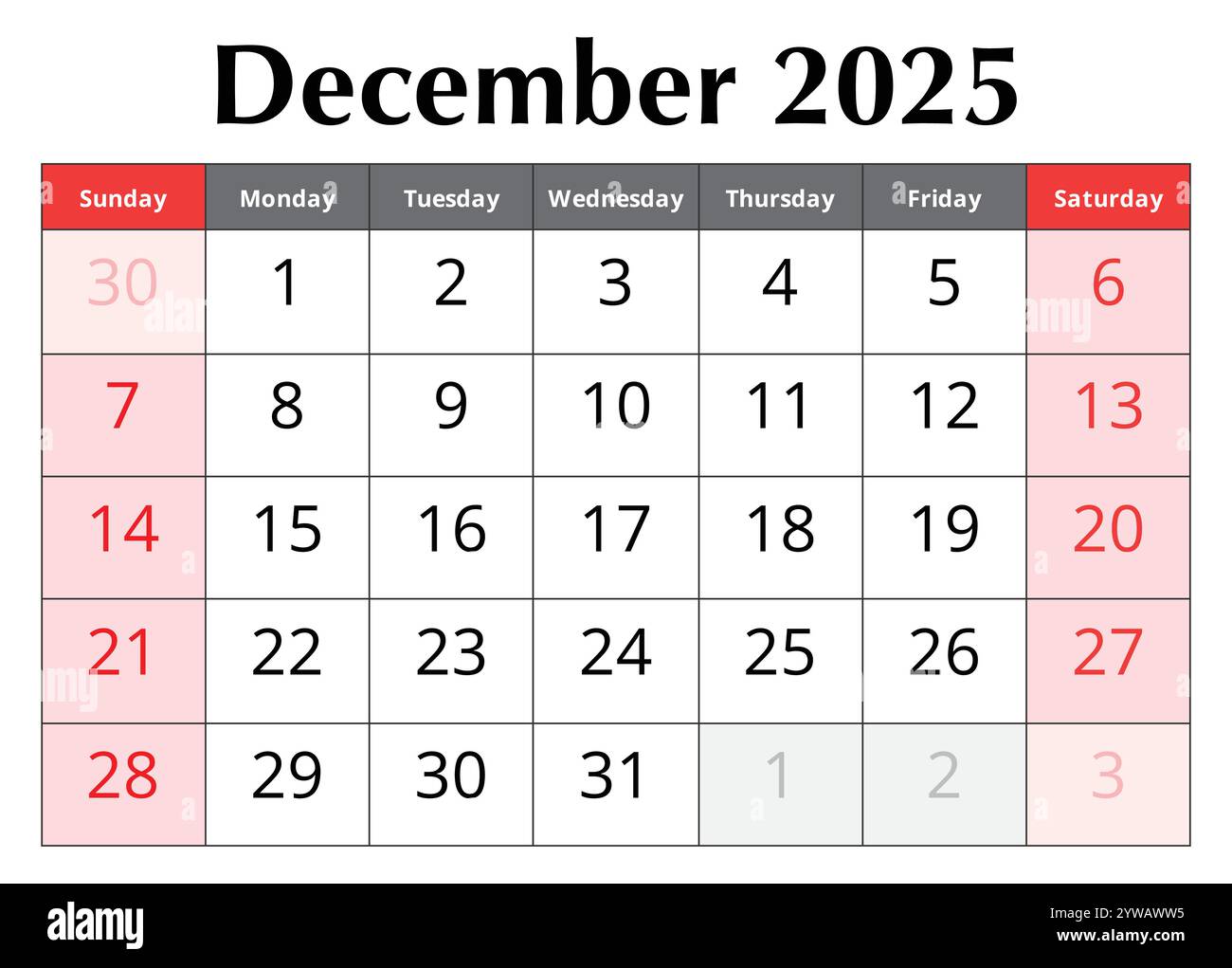 Calendar for December 2025. Design vector illustration. English page of ...