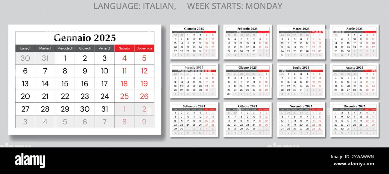 2025 year Italian calendars. Vector illustration for Italy - calendario ...