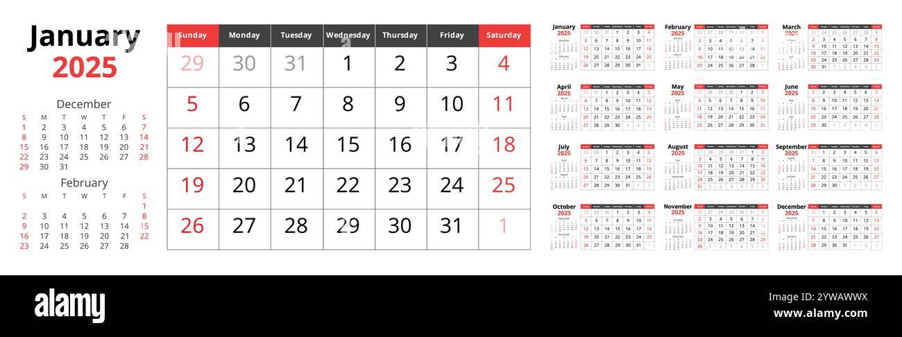 2025 calendar. Vector set of English monthly calendars. Design with ...