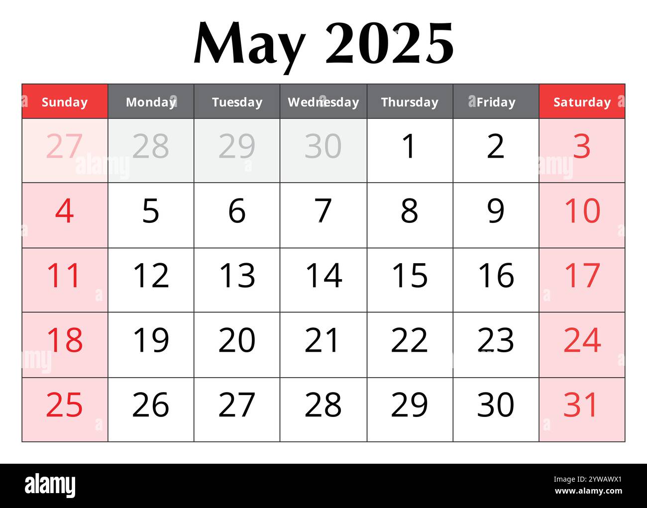 Calendar for May 2025. Design vector illustration. English page of the ...