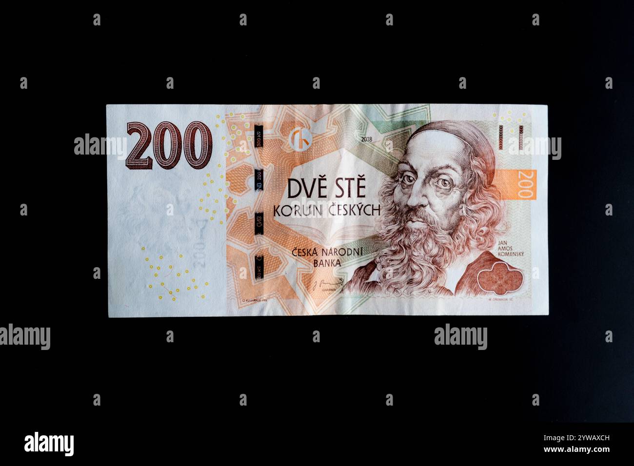 Prague, Czechia, Czech Republic, Czech Banknote, 200 kronur. John Amos ...