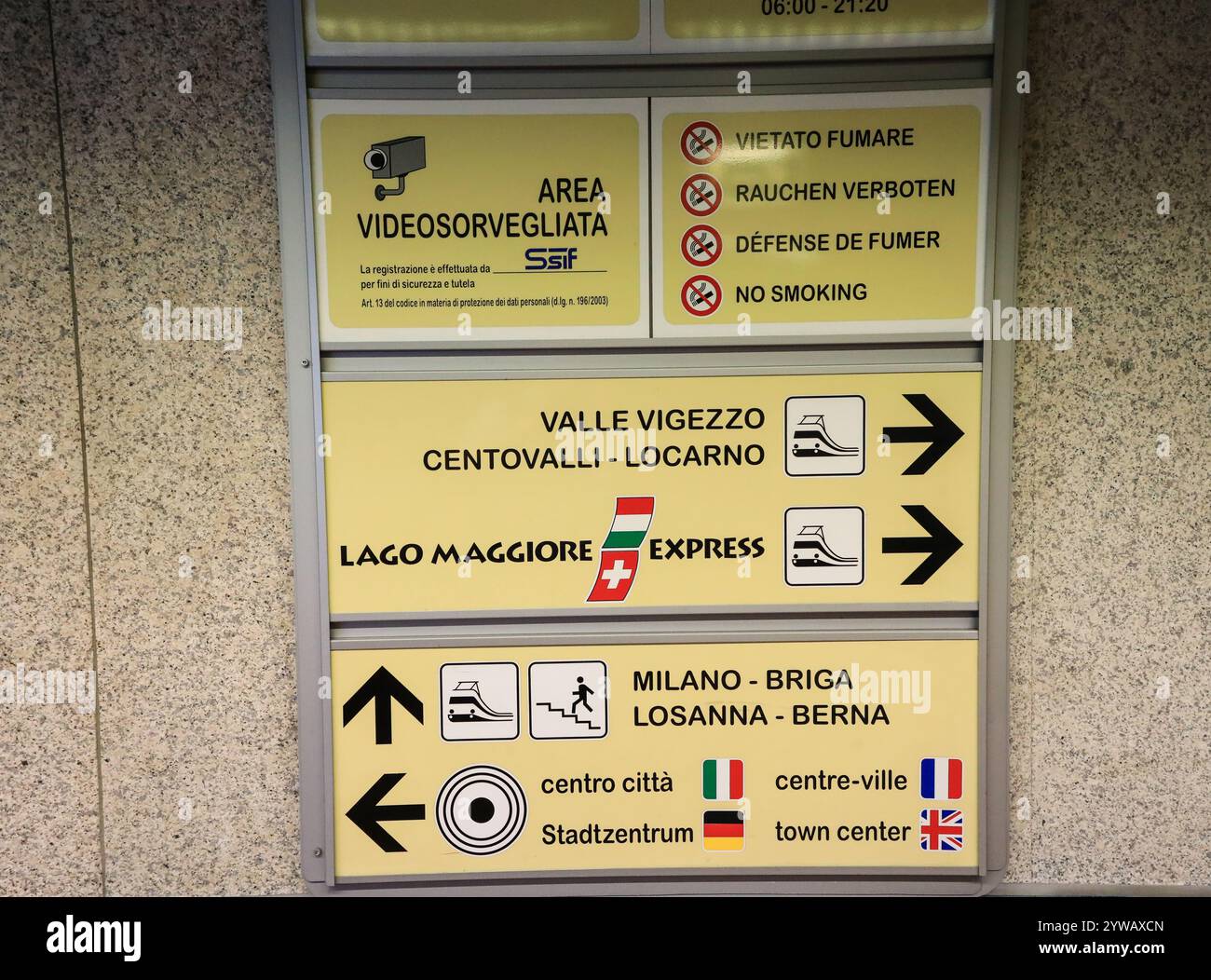 A sign for the Lake Maggiore Express (Lago Maggiore Express) at Locarno ...