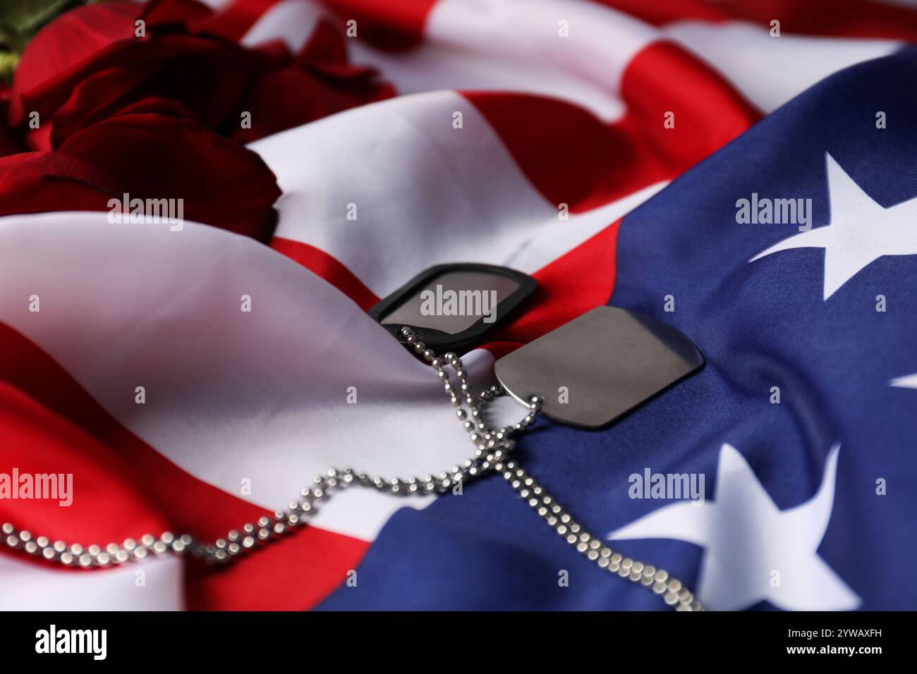 Veterans day. Army tokens and American flag, closeup Stock Photo - Alamy