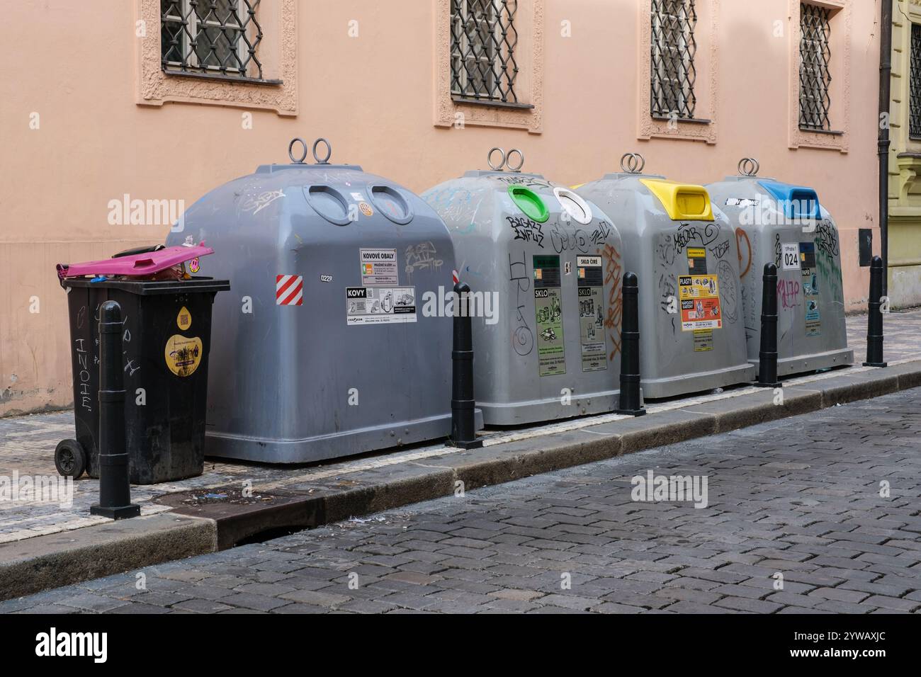 Recycling Bins, Street Scene, Prague, Czechia, Czech Republic Stock ...