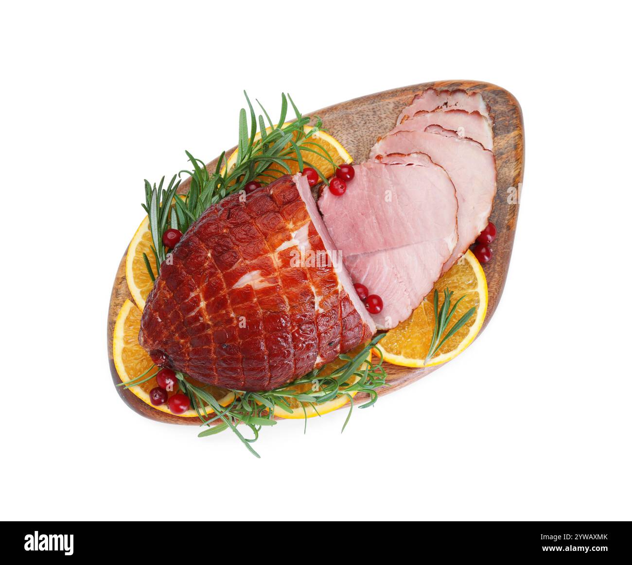 Christmas food. Tasty baked ham, oranges and cranberries isolated on ...