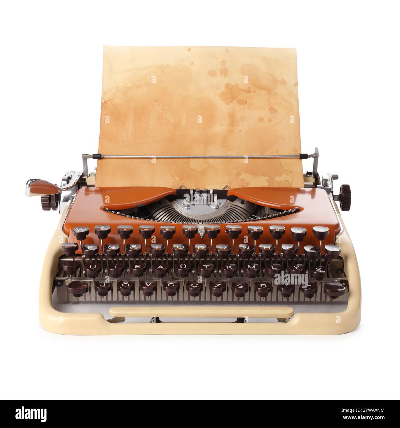 Vintage typewriter with sheet of parchment paper isolated on white ...