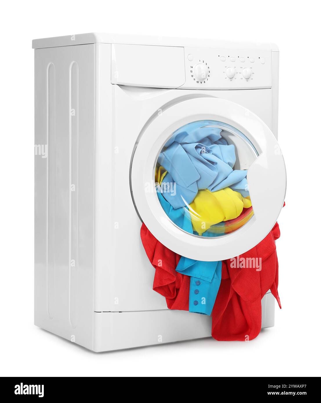 Washing machine full of colorful clothes isolated on white Stock Photo ...