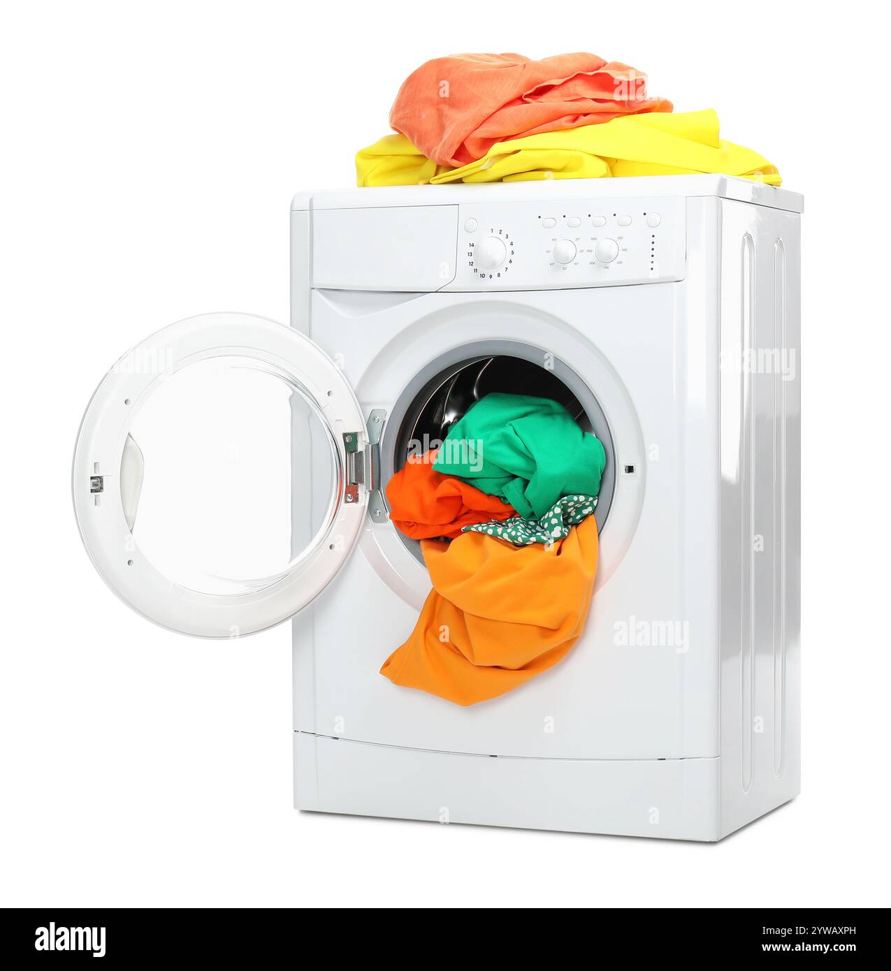Washing machine full of colorful clothes isolated on white Stock Photo ...
