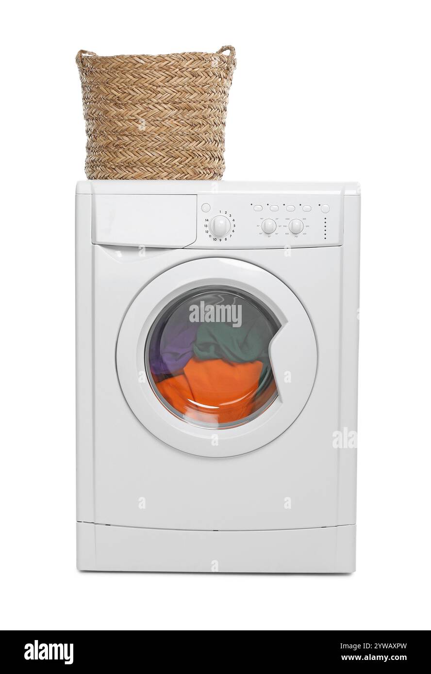 Modern washing machine and laundry basket isolated on white Stock Photo ...