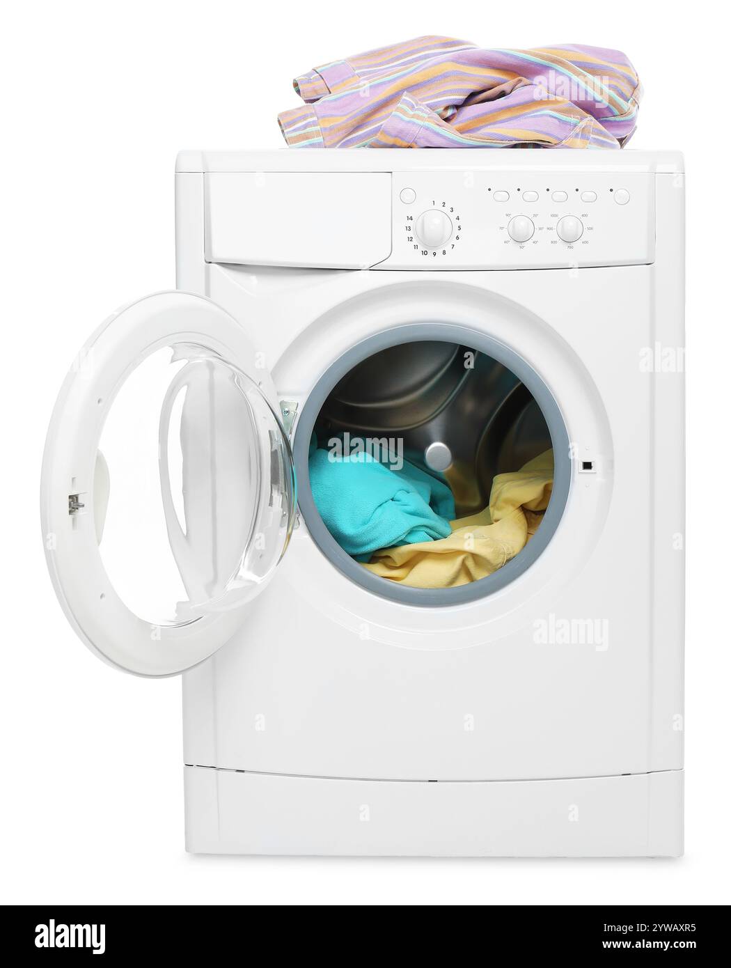 Modern washing machine with laundry isolated on white Stock Photo - Alamy