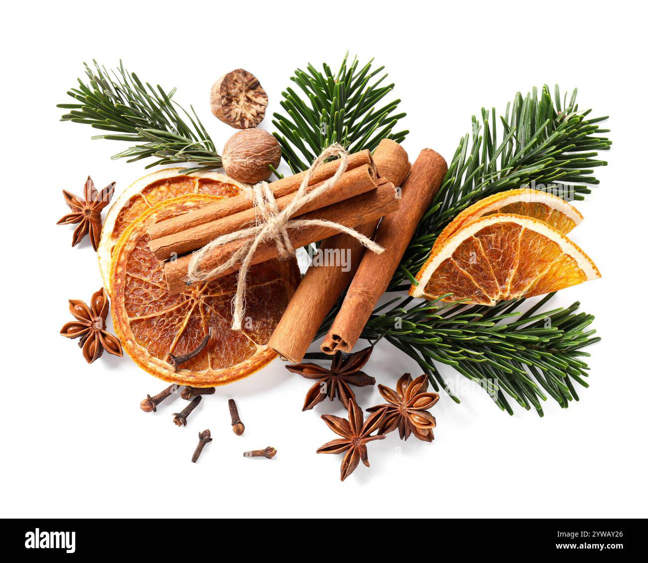 Different aromatic spices isolated on white, top view. Christmas season ...